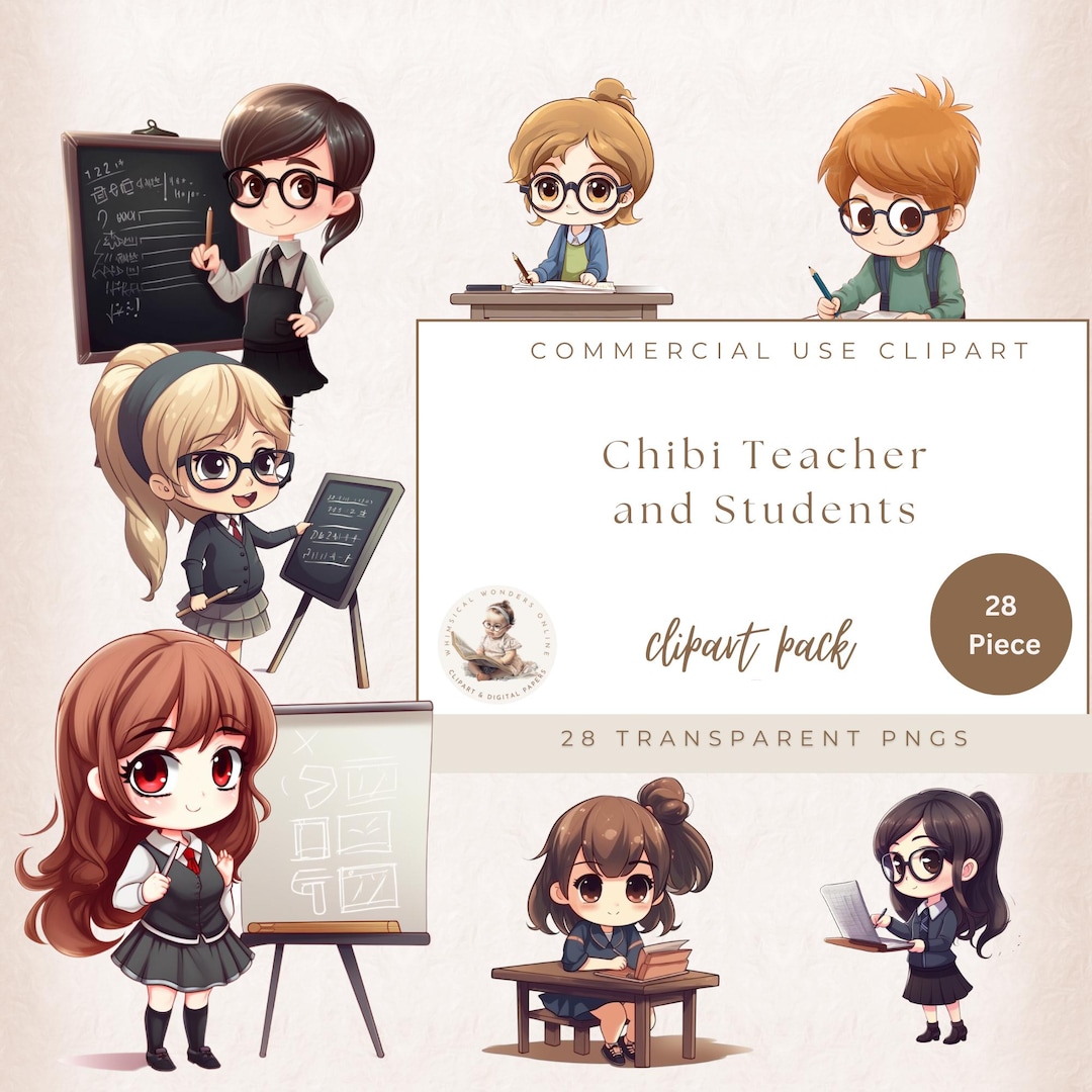 Chibi Cute Teacher Clipart, Boy and Girl Back to School Clipart, Chibi ...