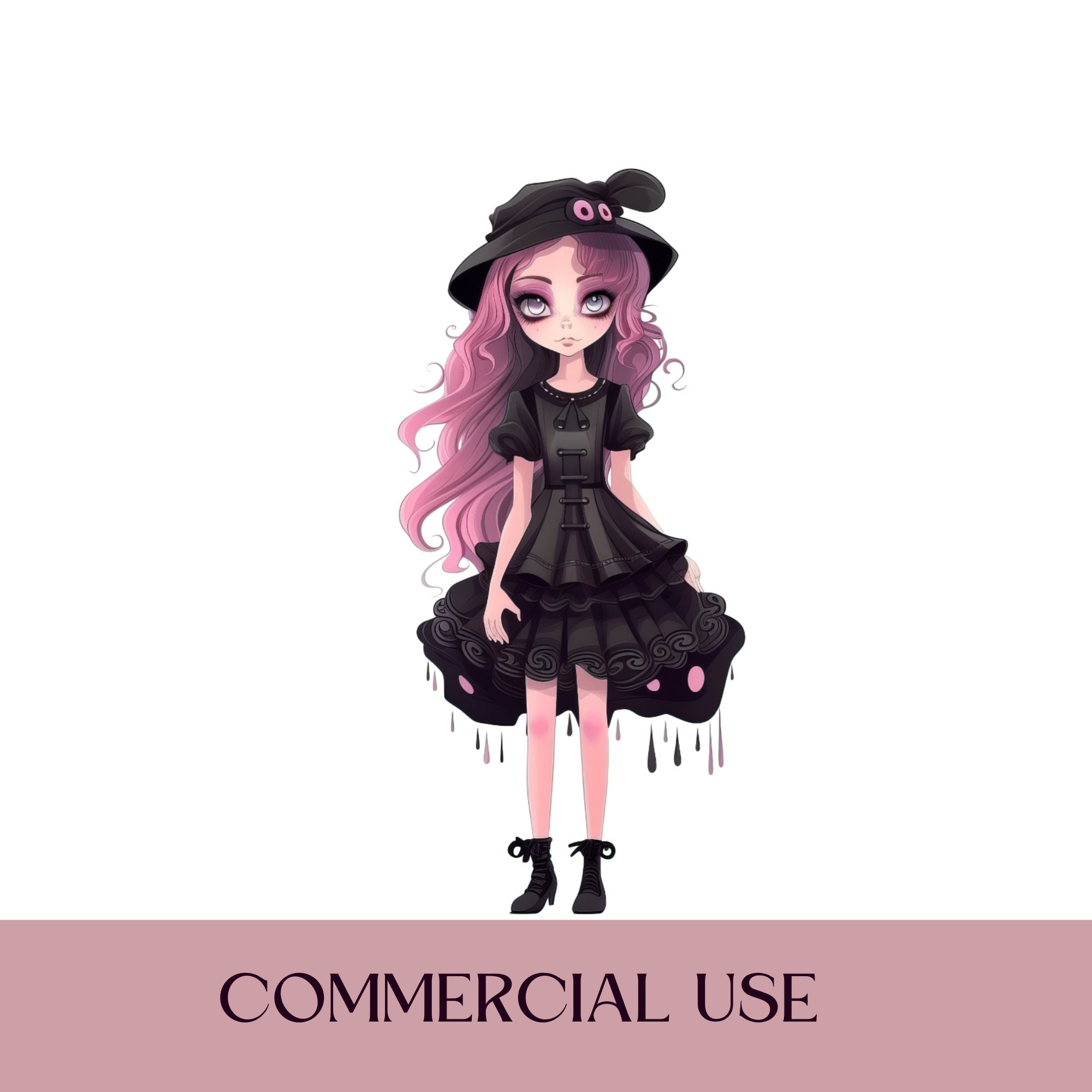 Watercolor Pink Goth Girl Clipart Halloween Clipart Digital - Etsy