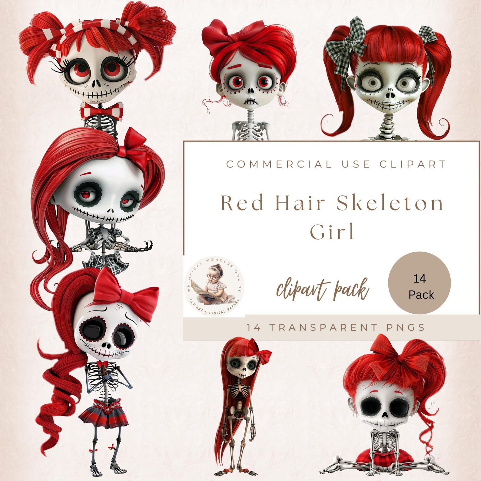 Skeleton Clipart, Red Hair Skeleton Girls Clipart, Halloween Clipart ...