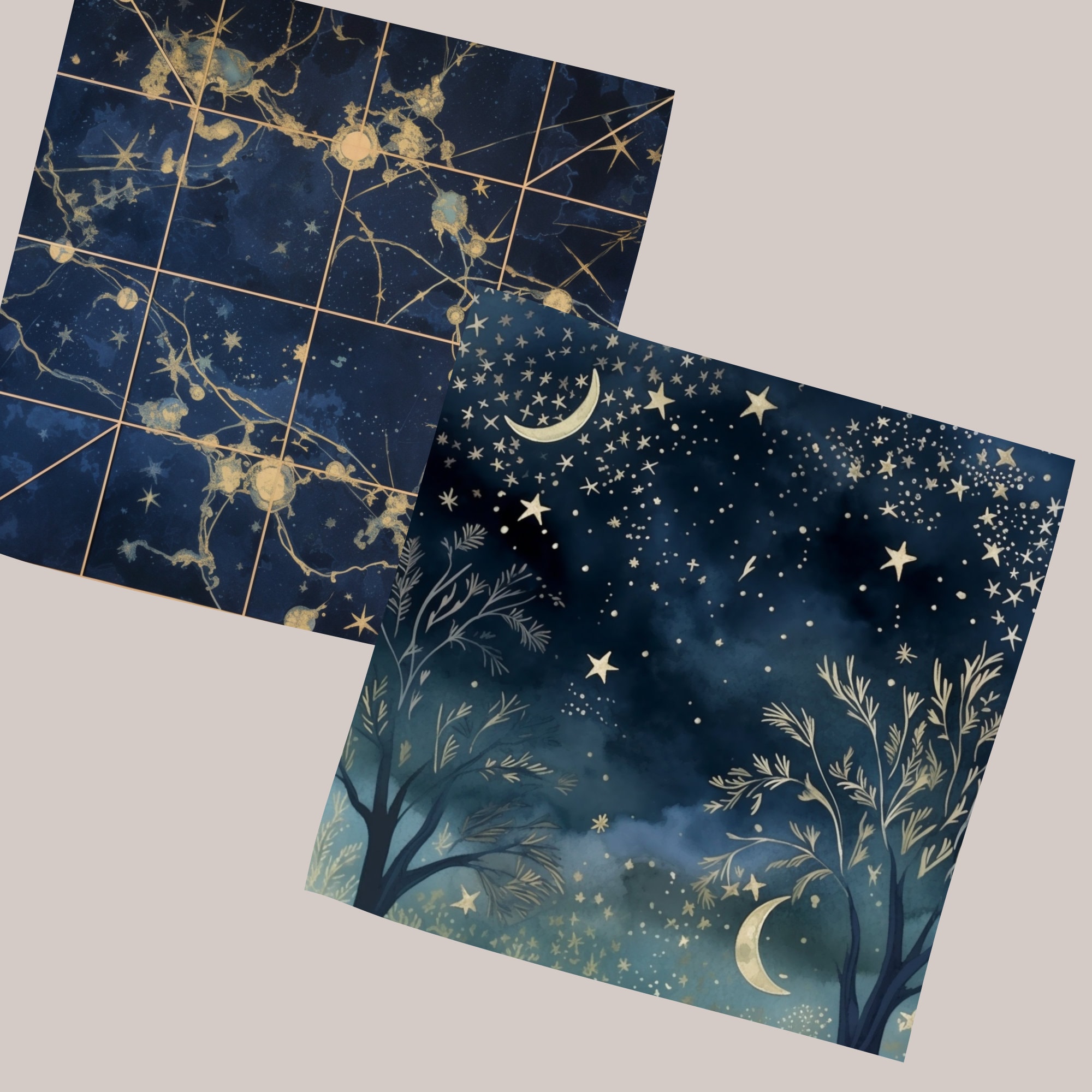 Celestial Starry Night Digital Paper, Seamless Zodiac Navy Watercolor ...