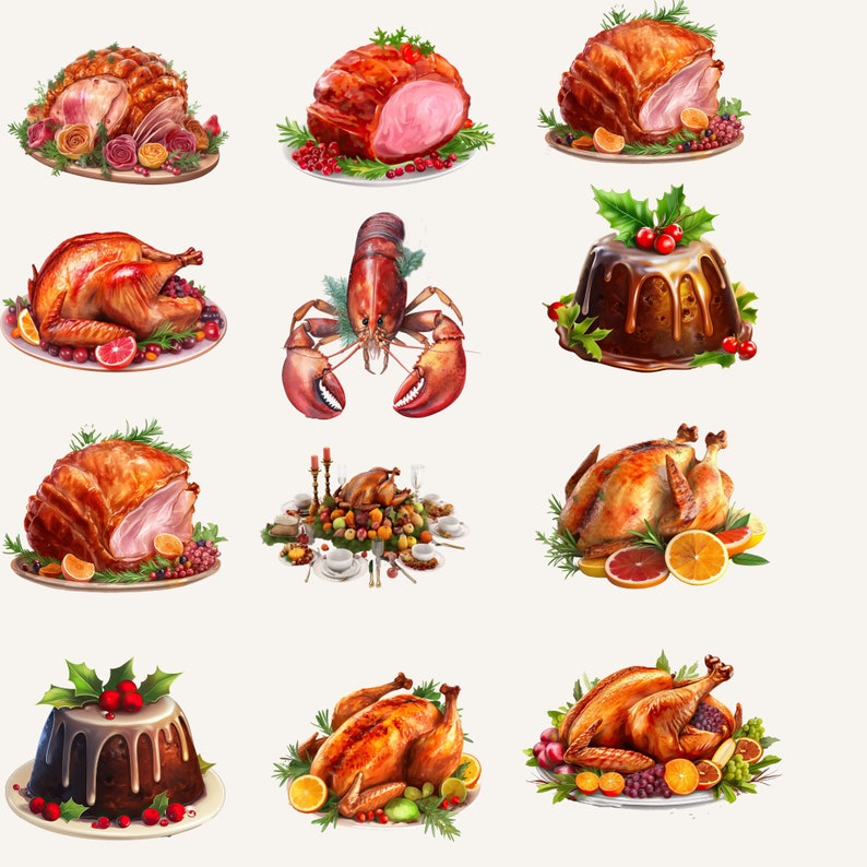 Christmas Dinner Clipart, Watercolor Food Clipart, Dinner Clipart ...