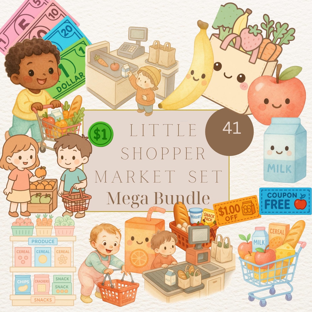 Kids Grocery Shopping Clipart, Cute Children, Mini Carts, Food Items ...