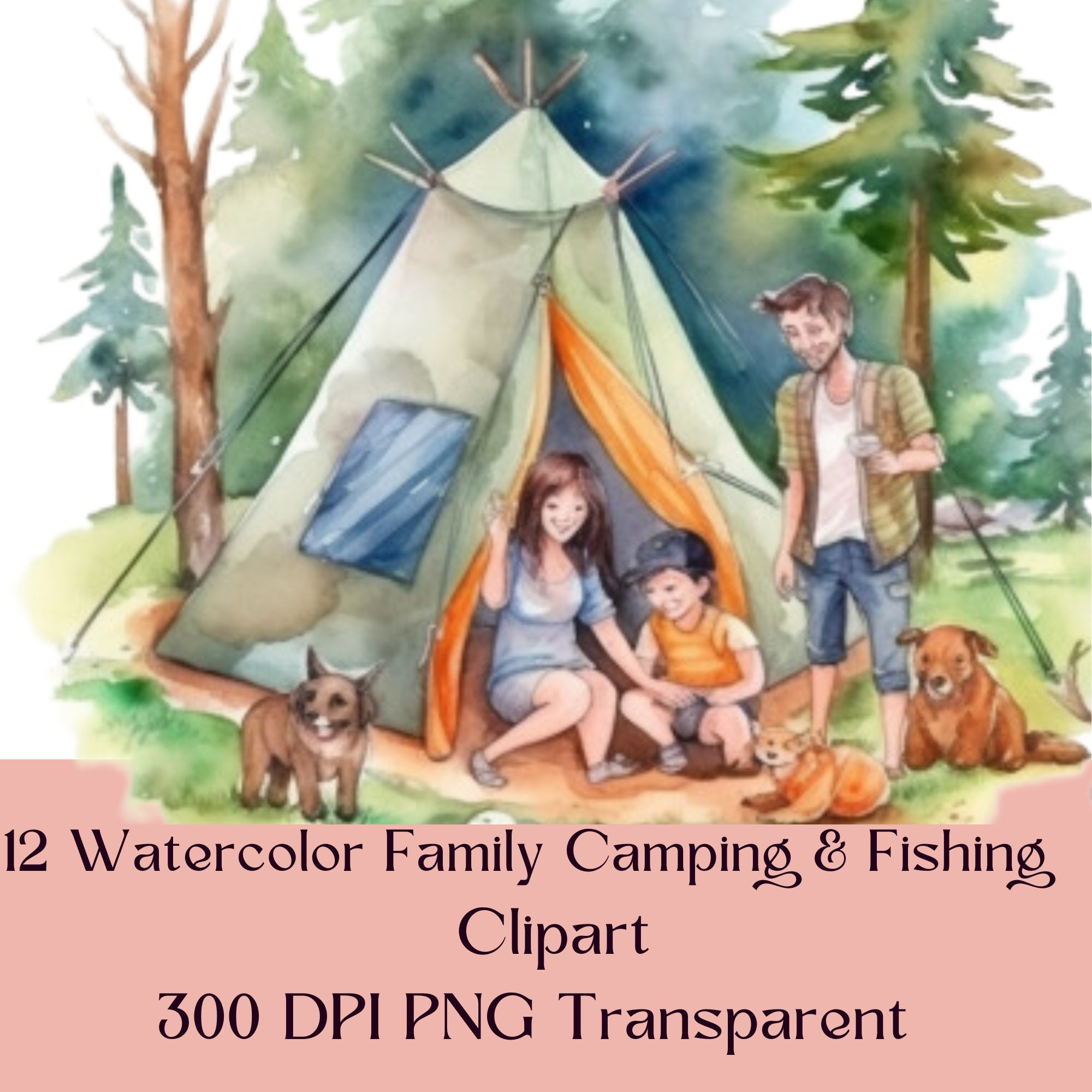Family Camping Clipart, Fishing Camping in Tents, Travel Clip Art ...