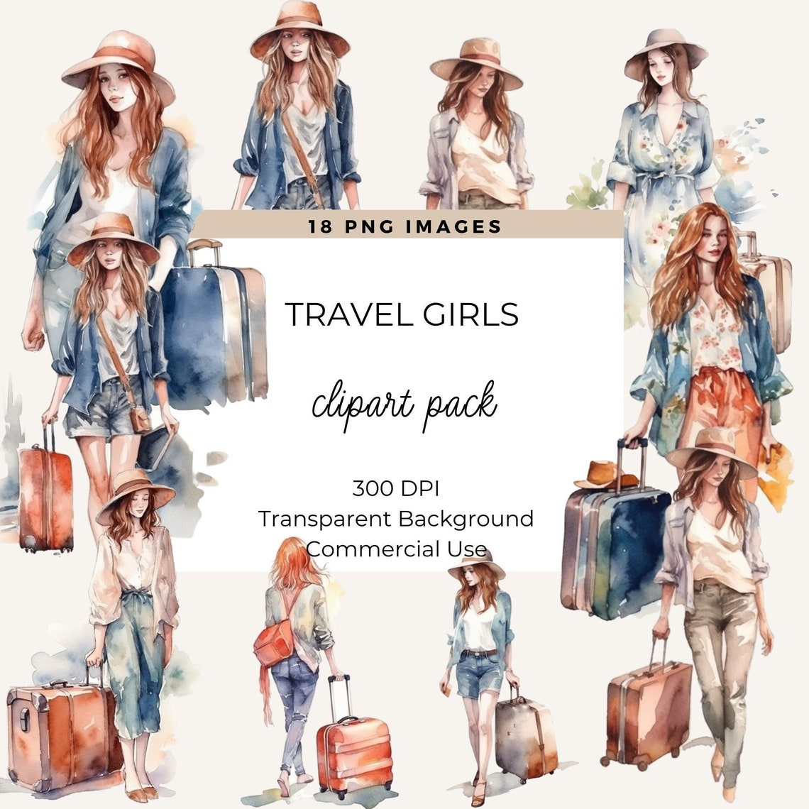 Travel Girls Clipart Bundle, Travel Clipart, Commercial Use, Travel ...