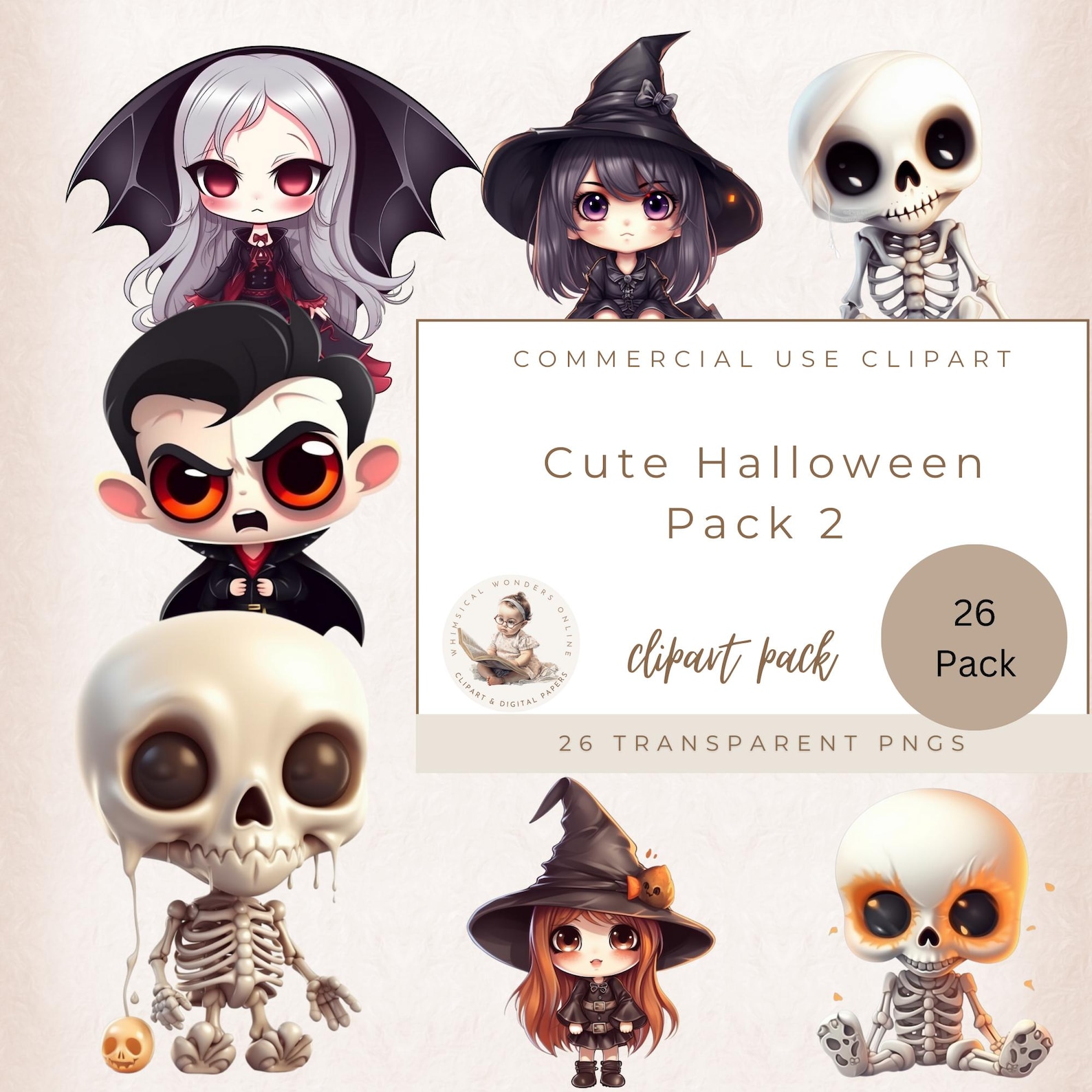 Halloween Cute Vampire Witches Skeleton Clipart, Bundle of 26 Spooky ...
