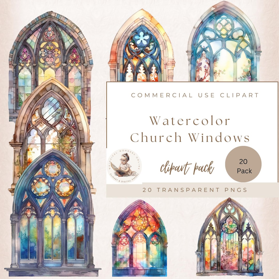 Stained-glass Windows Clipart, Watercolor Colorful Vintage Window With ...