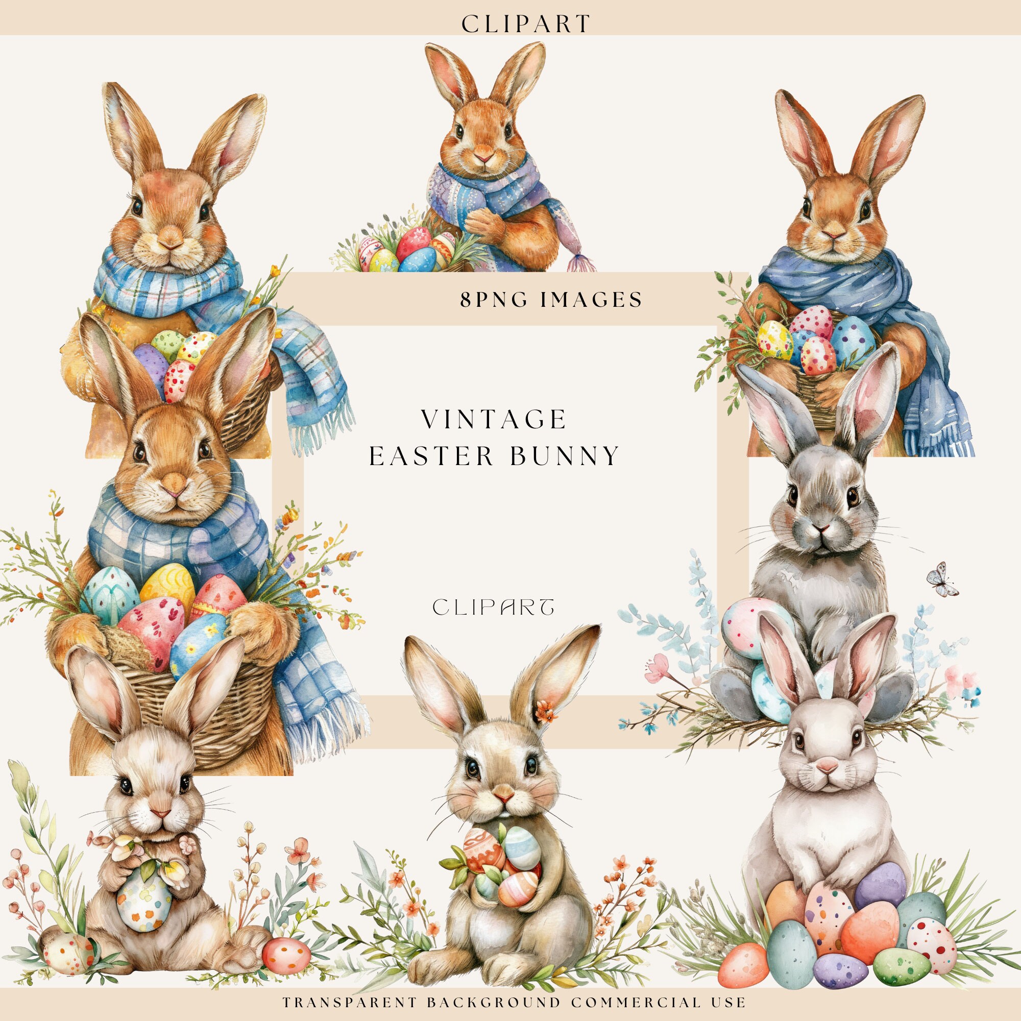 Vintage Easter Clipart, Easter Bunny Clipart, Watercolor Clipart ...