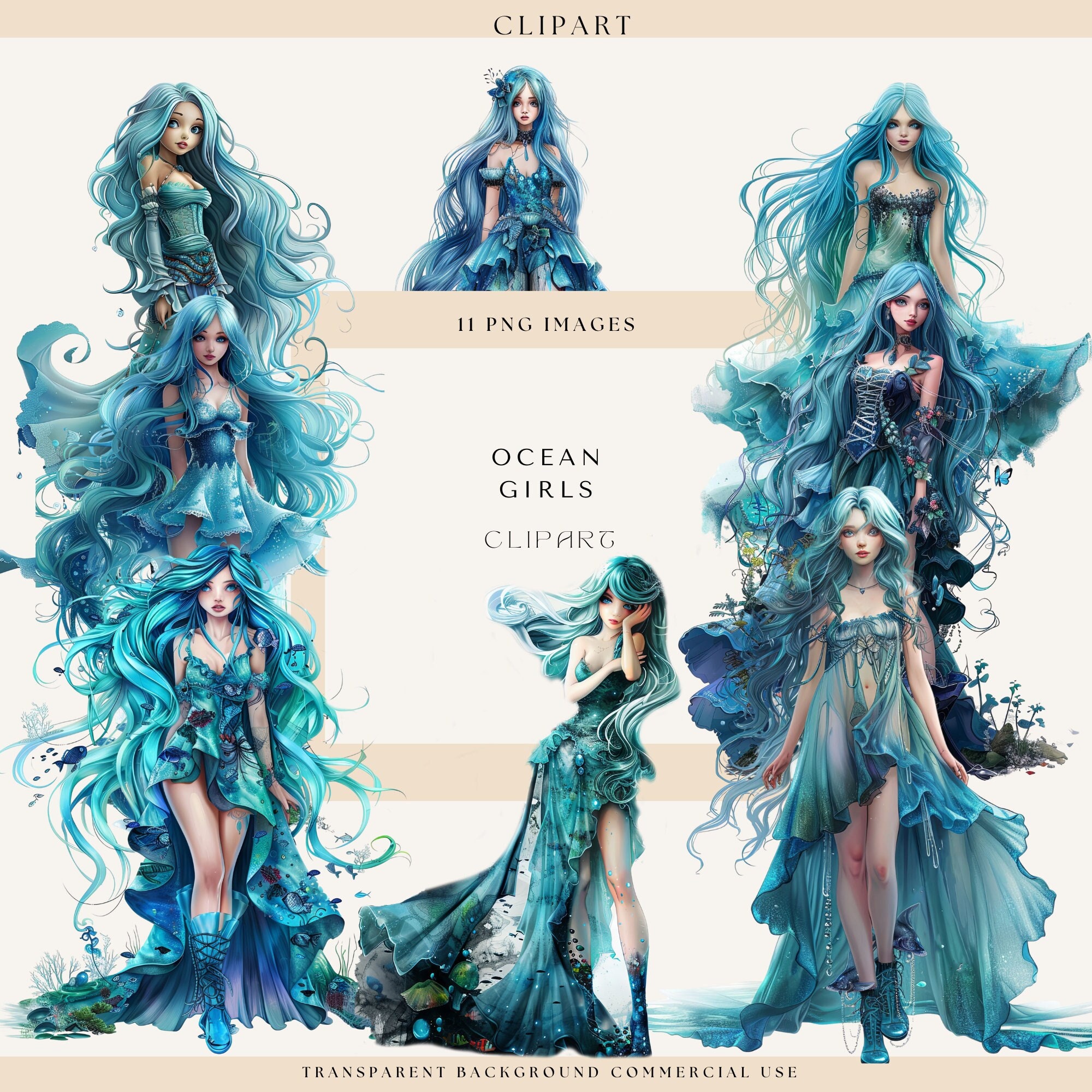 Under the Sea Clipart, Ocean Girls, Watercolor Clipart, Whimsical ...