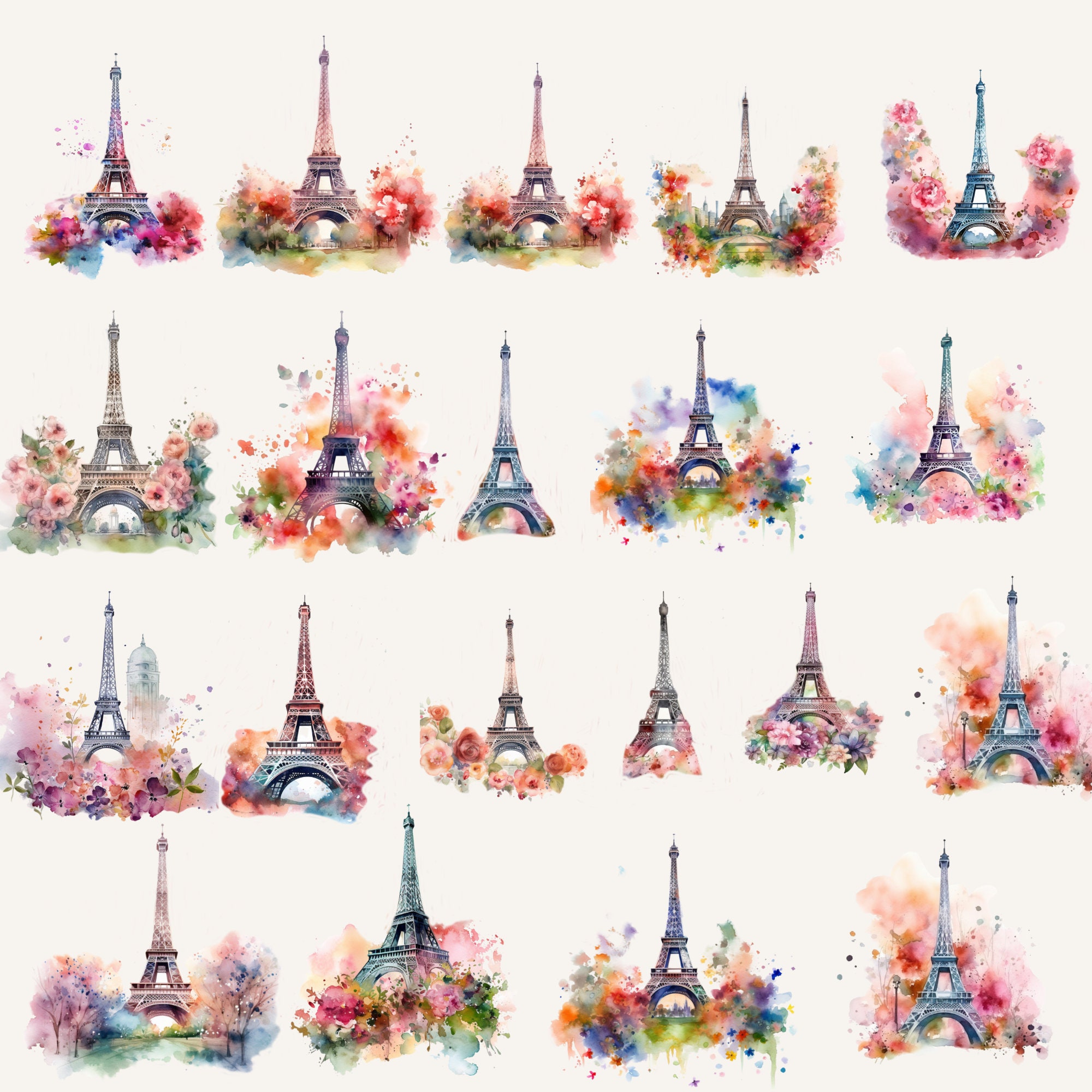 Eiffel Tower Clipart Pack, Paris Floral Watercolor, Illustration ...