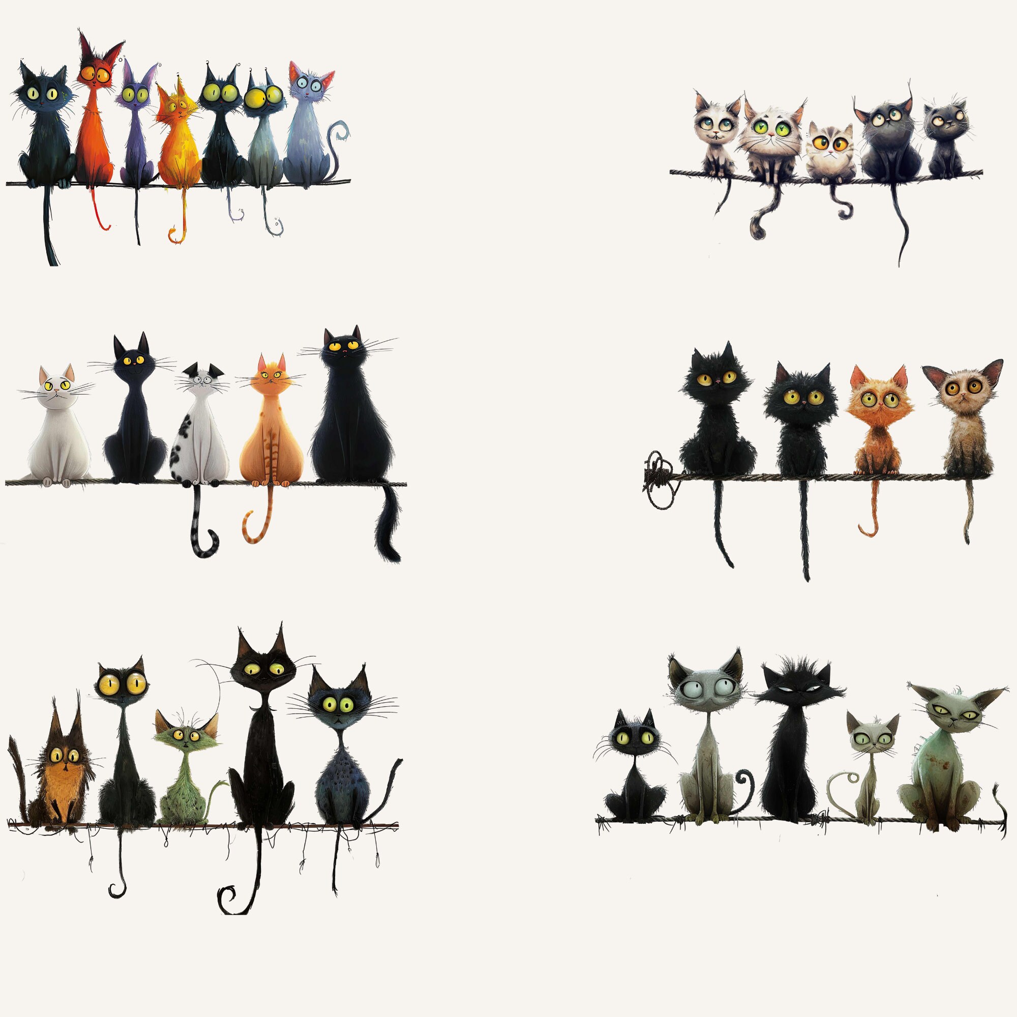 Whimsical Cat Clipart, Quirky Cat, Cats on A Rope Clip Art, Junk ...