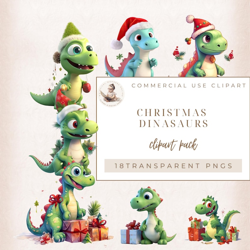 Cute Christmas Dinosaur Clipart, Christmas Clipart, Festive Clipart ...
