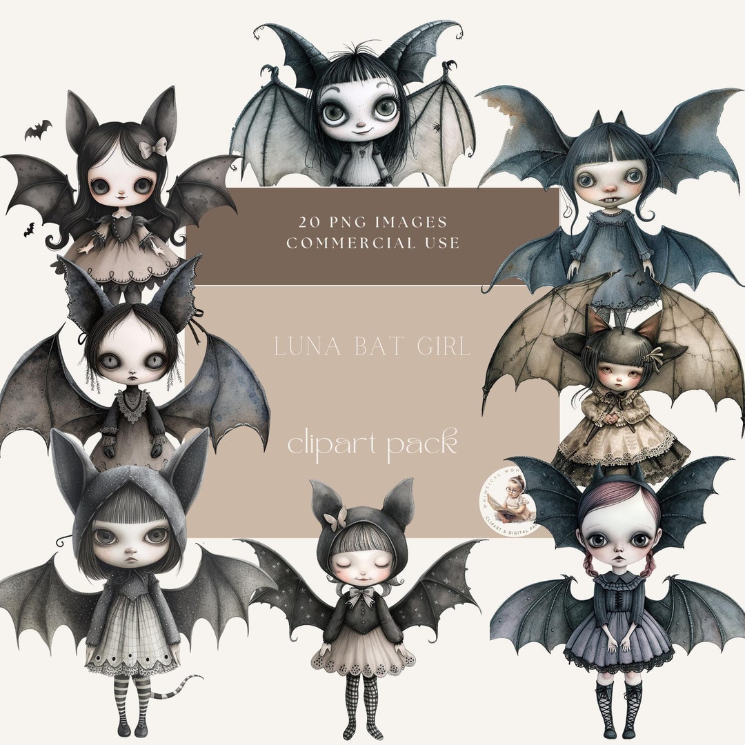 Luna Bat Girl Clipart, Bat Clipart, Quirky Girl Clipart, Halloween ...
