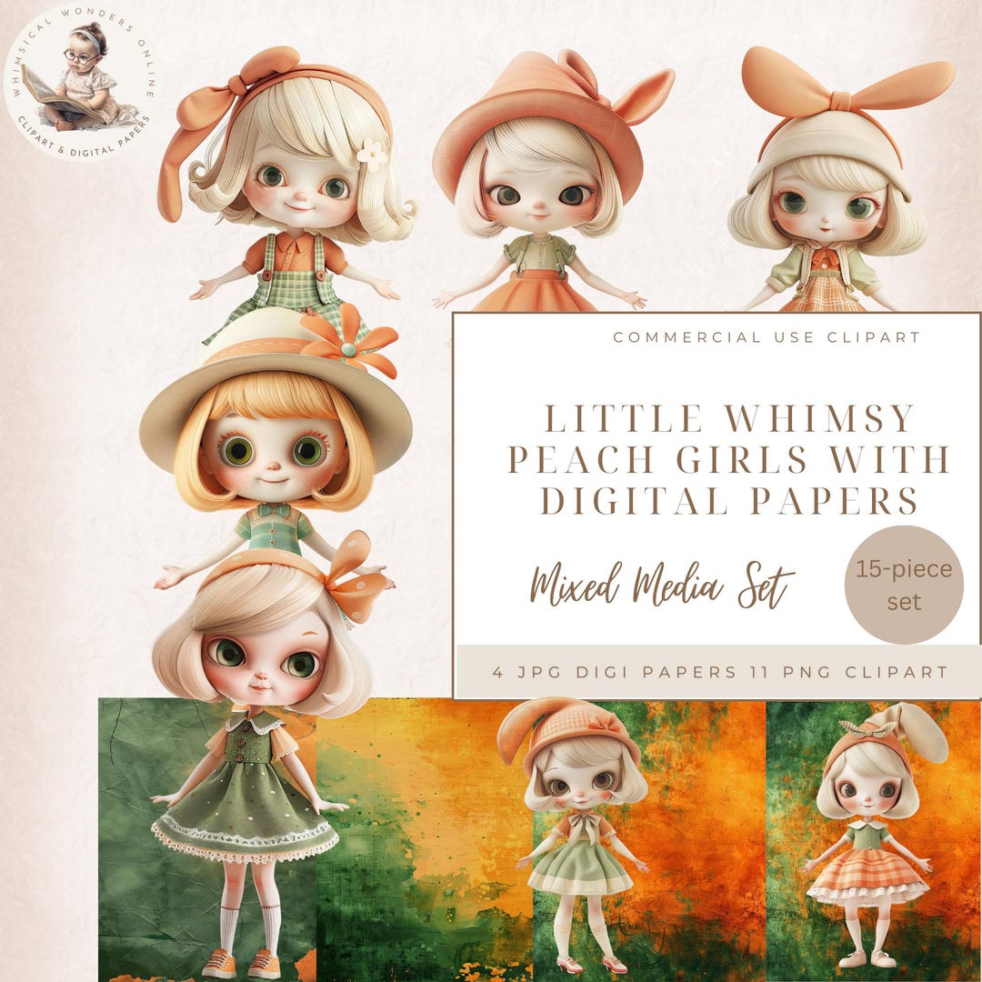 Cute Little Whimsy Peach Girl Clipart, Grudge Background Digital Papers ...