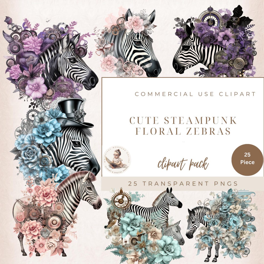 Zebra Clipart, Steampunk Floral Digital Crafting, Steampunk Style ...