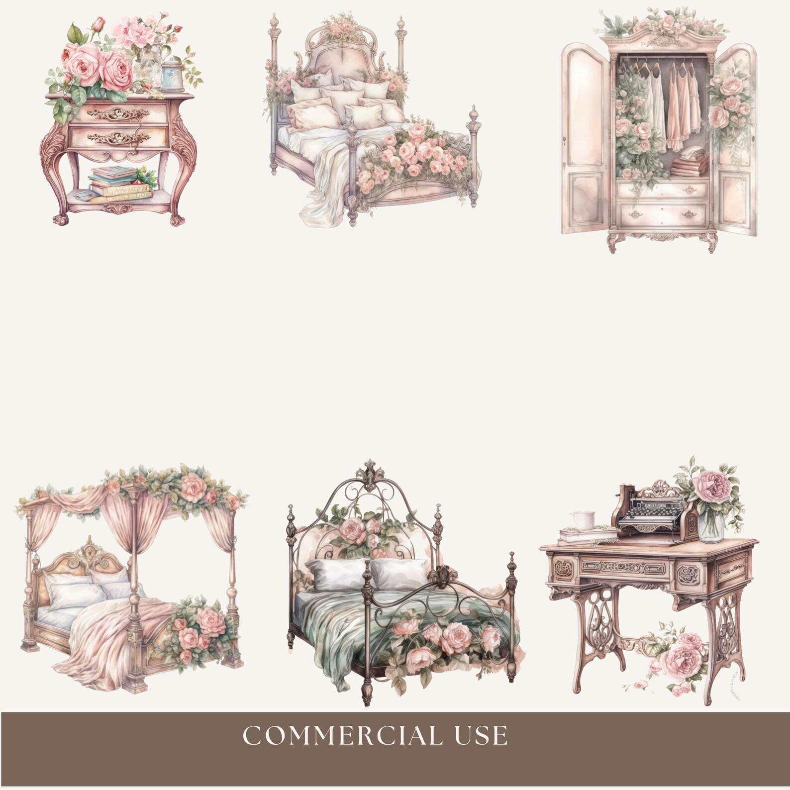 Watercolor Victorian Bedroom Furniture Clipart, Console Table ...