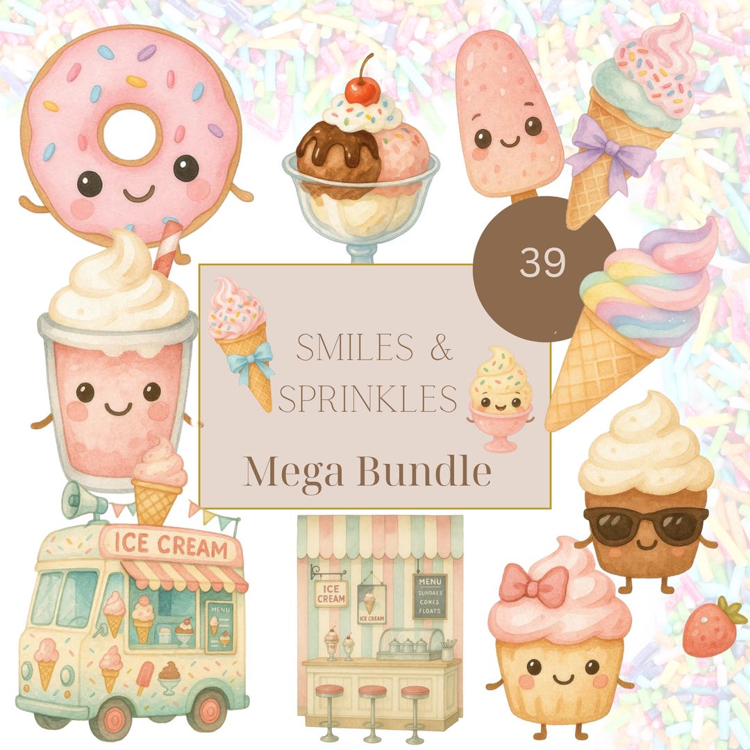 Smiles and Sprinkles Clipart, Kawaii Dessert PNG Bundle With Ice Cream ...