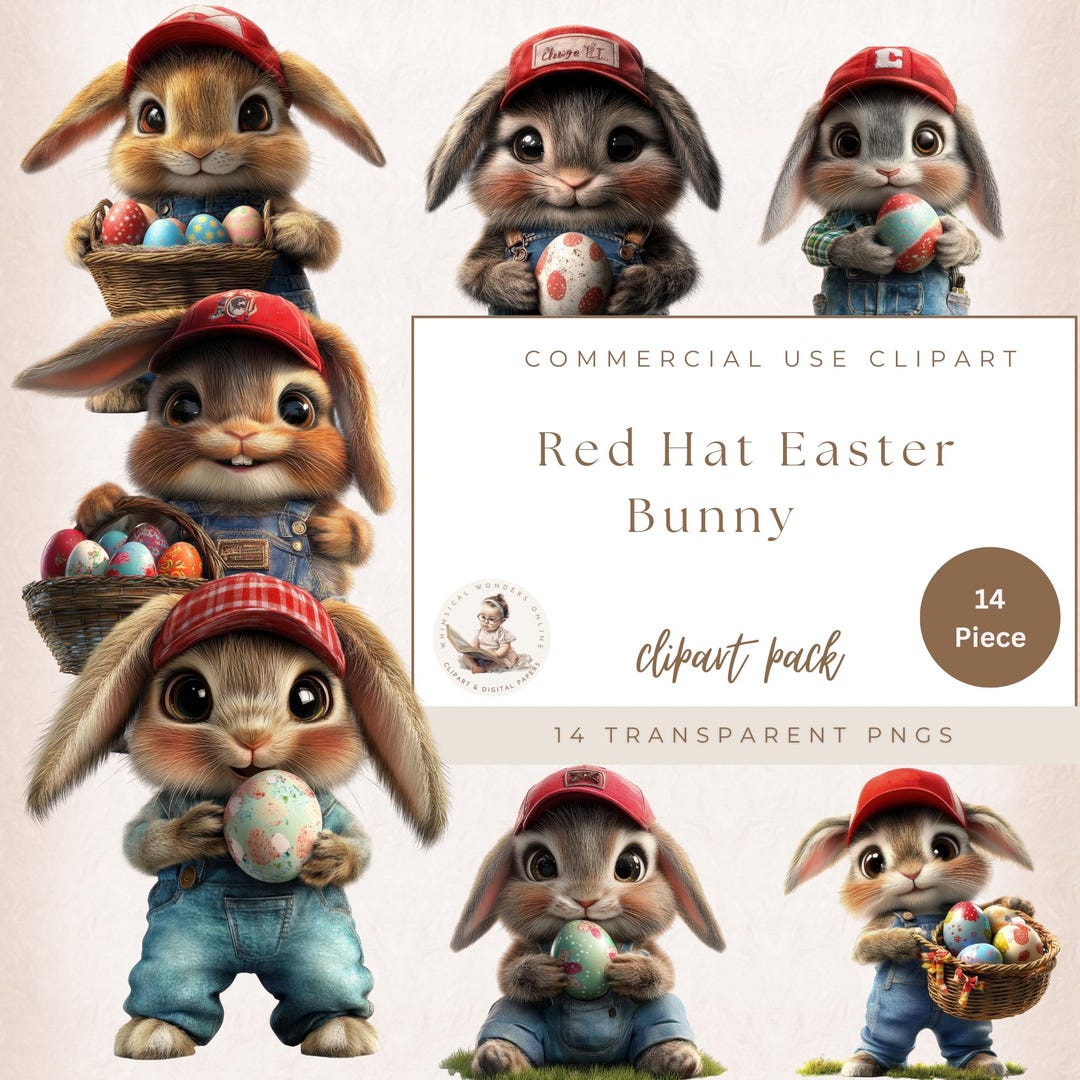 Cute Red Hat Bunnies, Easter Clipart, Rabbit Clipart, Bunny and Eggs ...