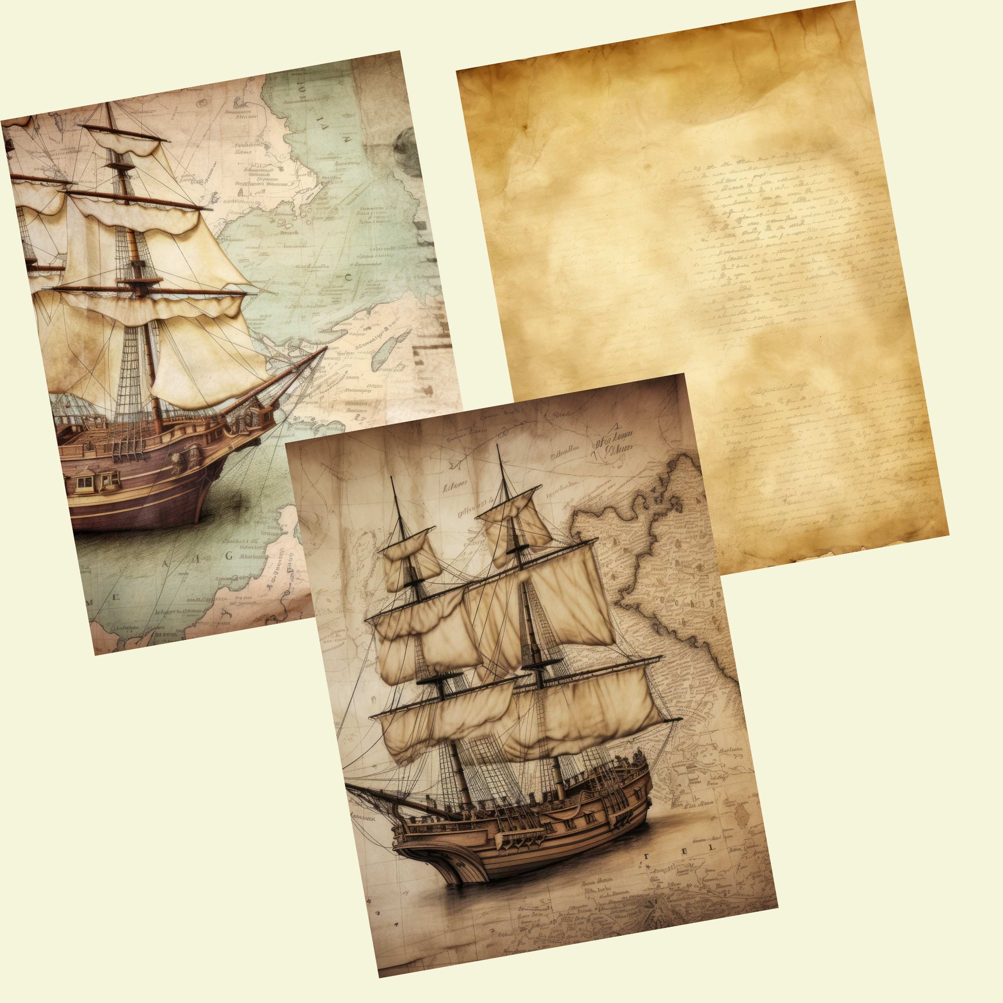 Vintage Map Junk Journal Pages, Vintage Ships, World Maps, Digital ...