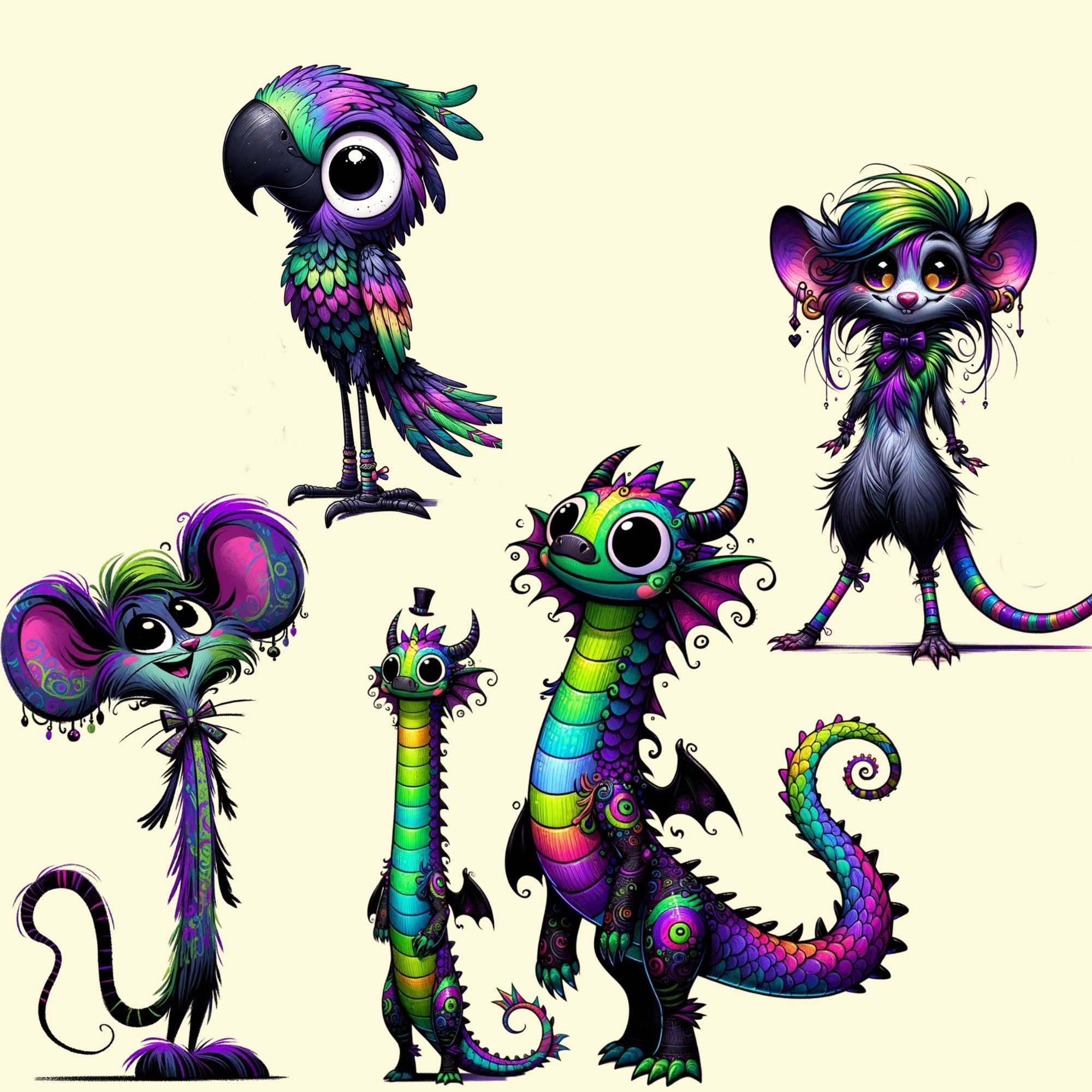 Quirky Pets Clipart, Whimsical Neon, Quirky Animals Clip Art, Animal ...