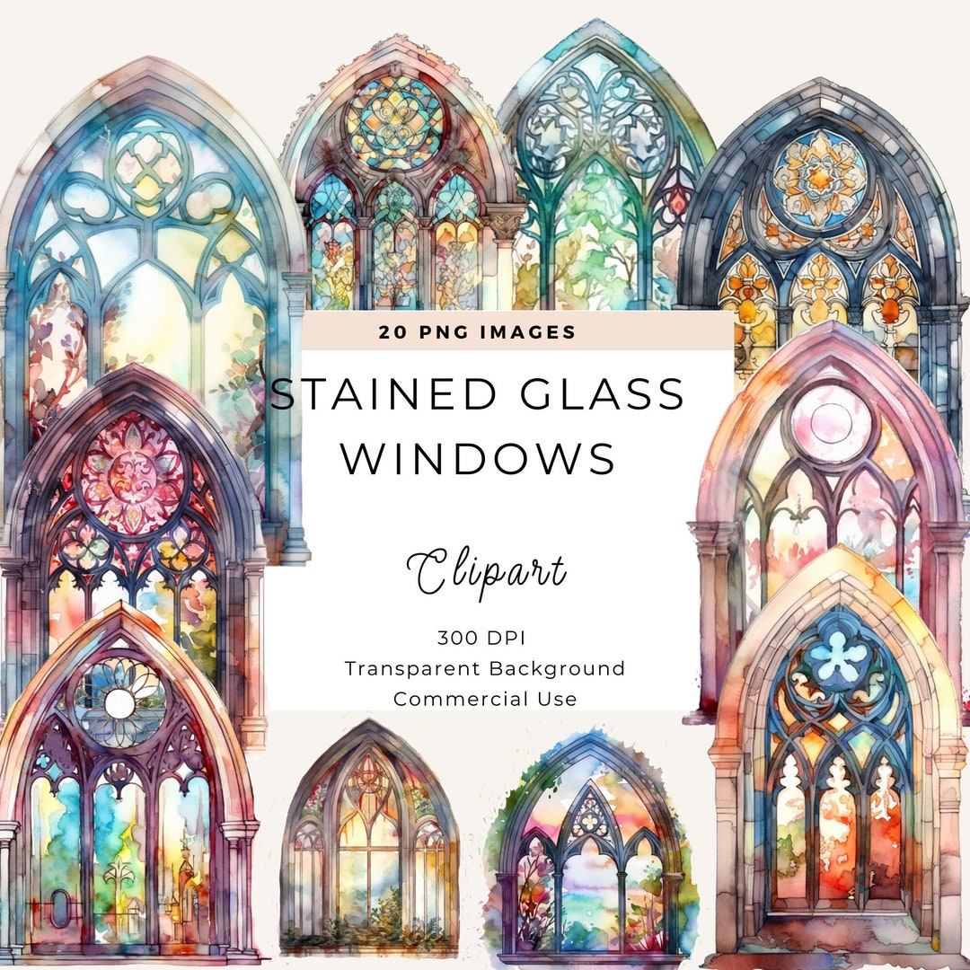 Stained-glass Windows Clipart, Watercolor Colorful Vintage Window With ...