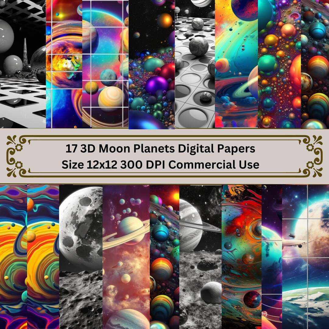 Galaxy Moon Planet Digital Paper, Seamless 3d Effect With Moon Phases ...