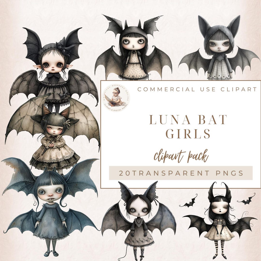 Luna Bat Girl Clipart, Bat Clipart, Quirky Girl Clipart, Halloween ...
