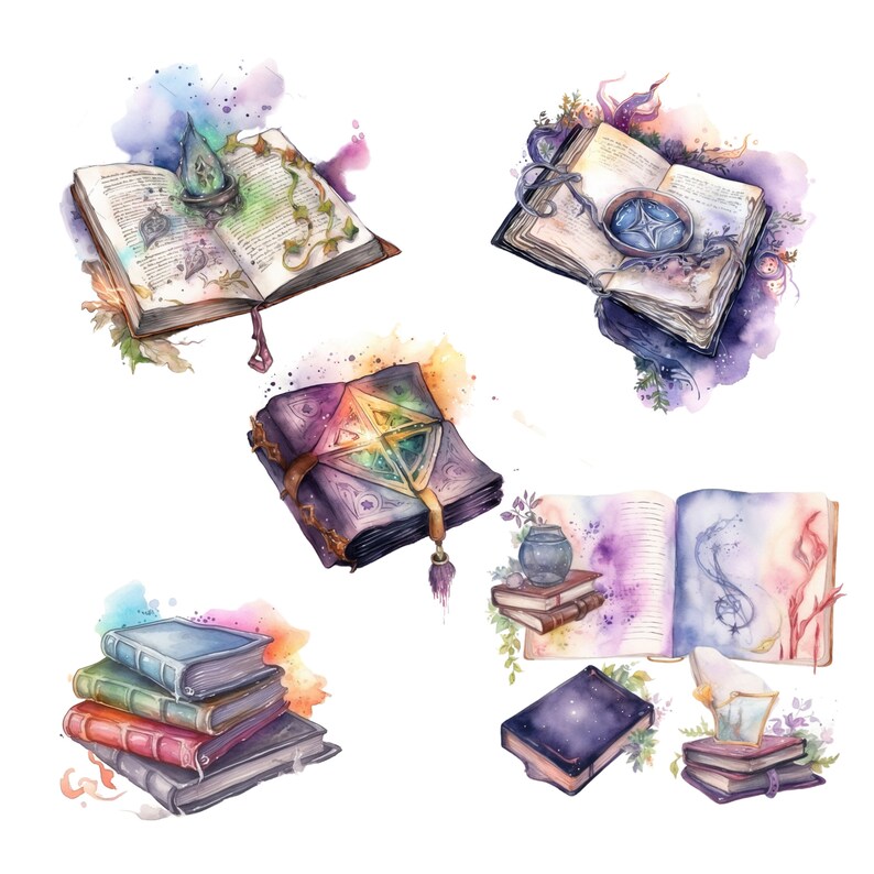 Mystical Spell Book Clipart Bundle, Watercolor Spell Books, Vintage Old ...