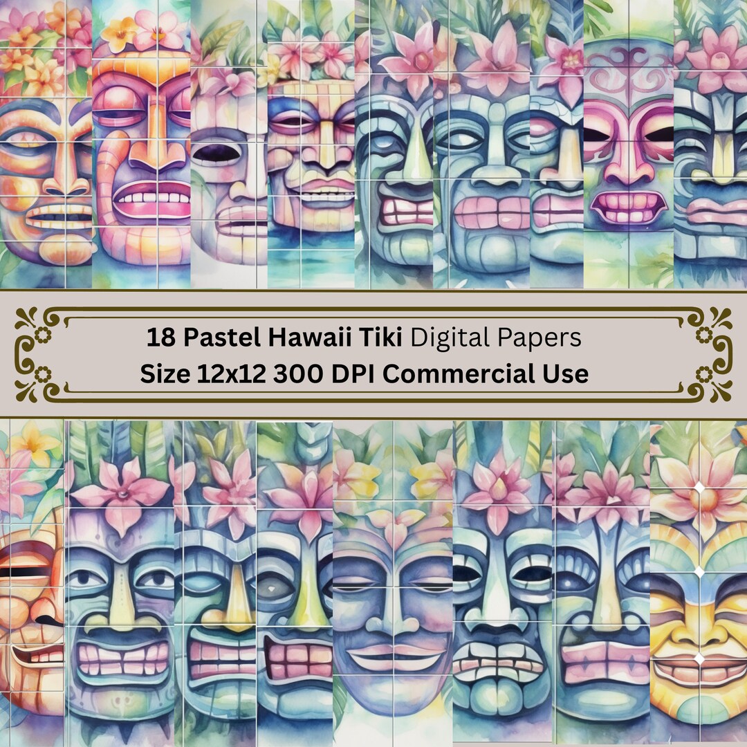 Hawaiian Tiki Design Digital Paper Pack, Seamless Repeating Tile ...