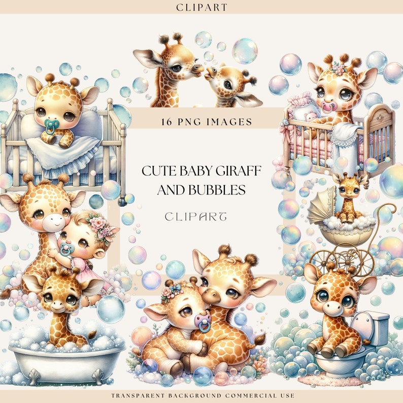 Cute Giraffe Clipart Bundle, Baby Giraffe PNG, Giraffe & Bubbles ...