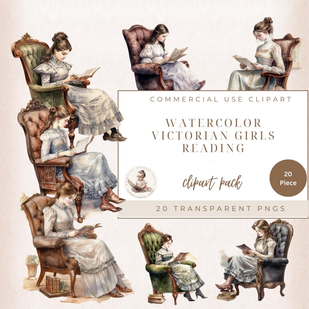 Victorian Vintage Girl Reading Book Clipart Bundle Reading Book Art ...