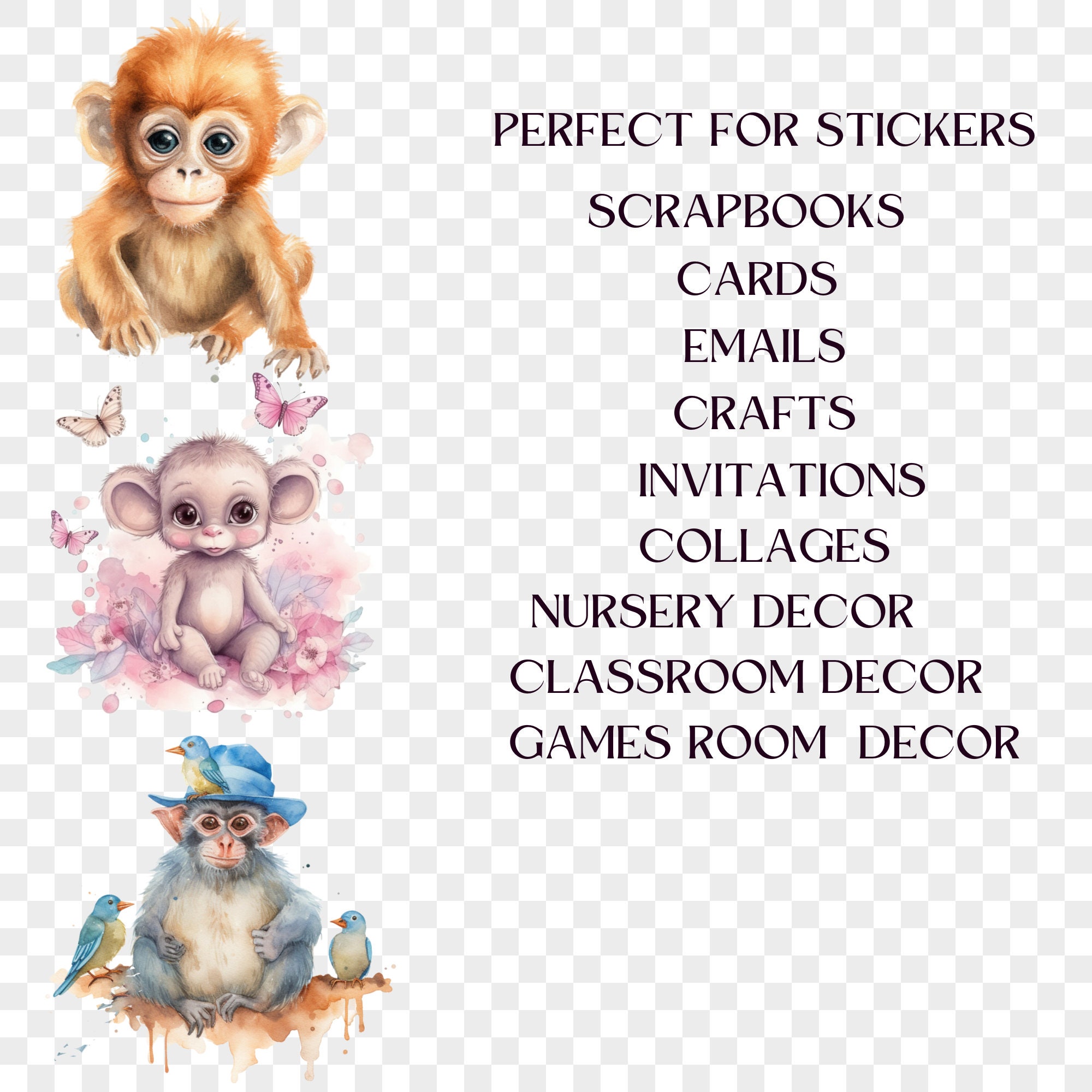 Cute Watercolor Baby Monkey Clipart Set, Monkey PNG, Baby Shower ...