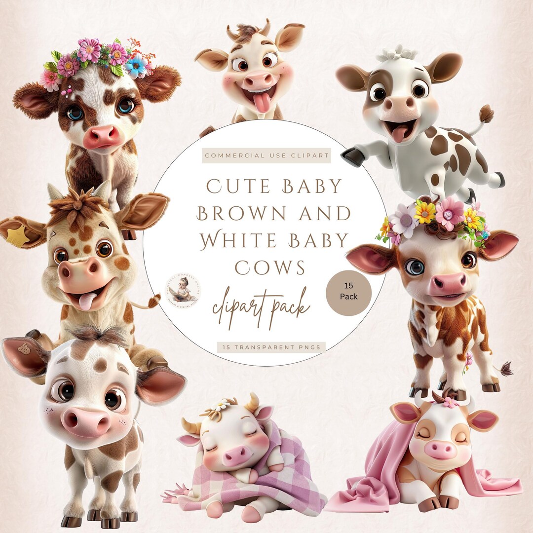 3D Baby Cow Clipart Pack, Cute Brown & White Calves, Farm Animal Baby ...