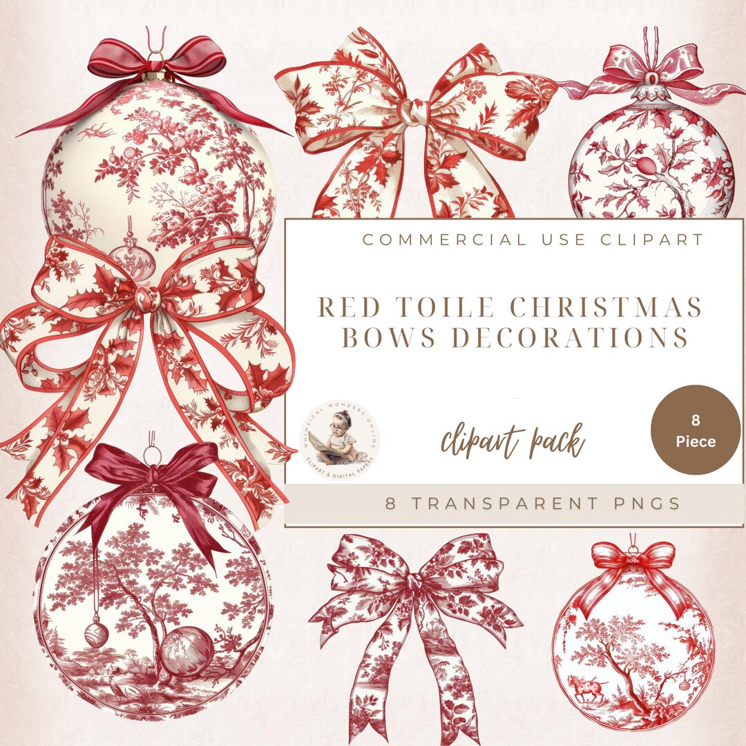 Red Toile Christmas Bows and Decorations Graphics, Christmas Clip Art ...