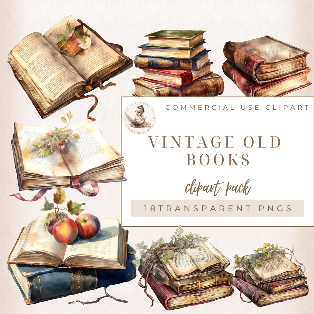 Old Vintage Books Clipart, Painted Book Clipart, Book Illustrations ...