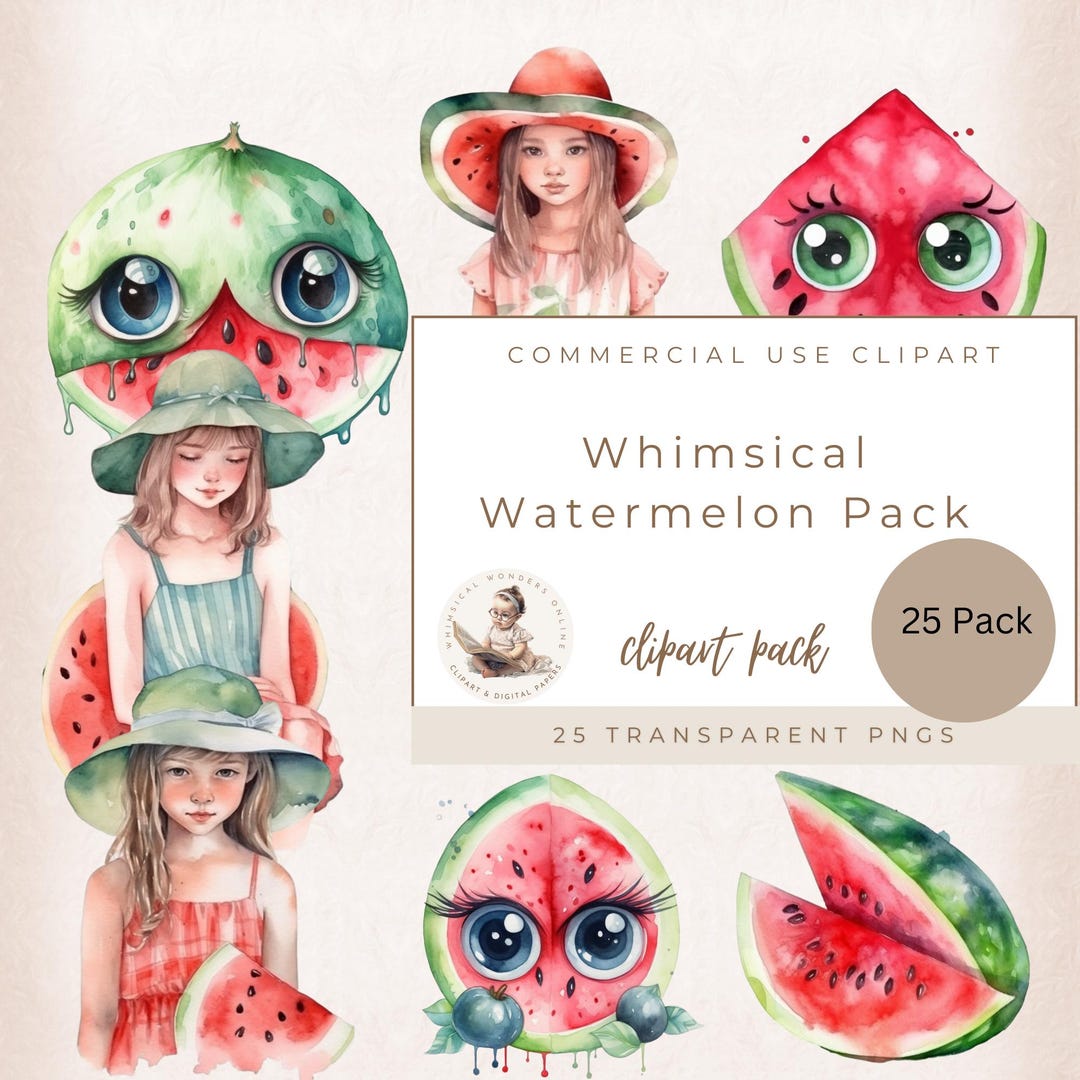 Whimsical Watermelon Clipart Pack, Watercolor Summer Fruit, Tropical ...