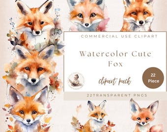 Cute Fox Watercolor Clipart, Clip Art for Commercial Use, Transparent ...