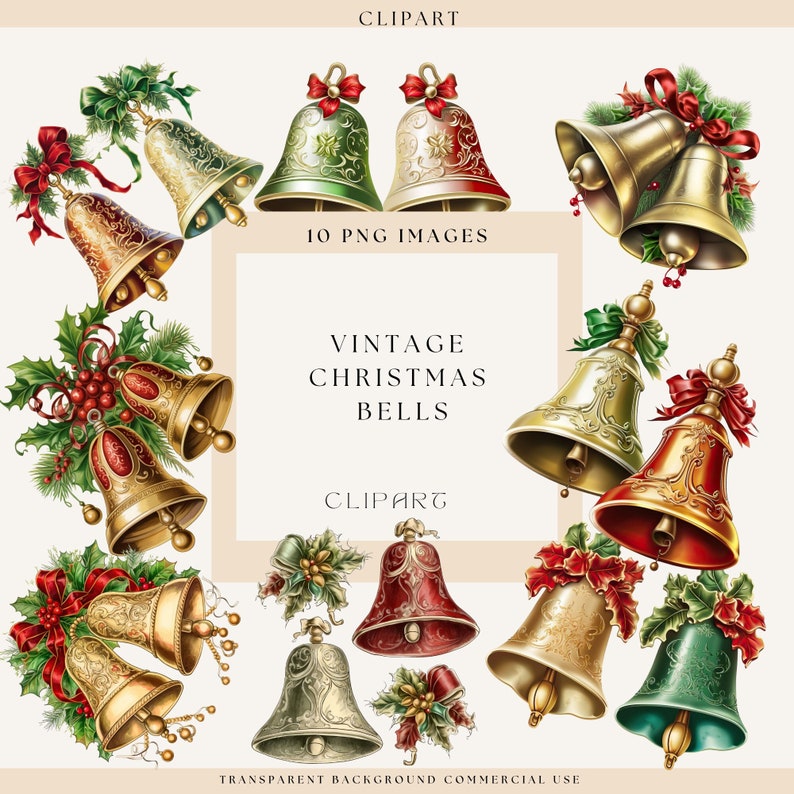 Bell Clip Art, Christmas Clipart, Vintage Holiday Printable, Commercial ...