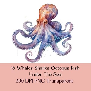 Underwater Clipart, Watercolor Shark, Whale, Fish, Octopus Clipart ...