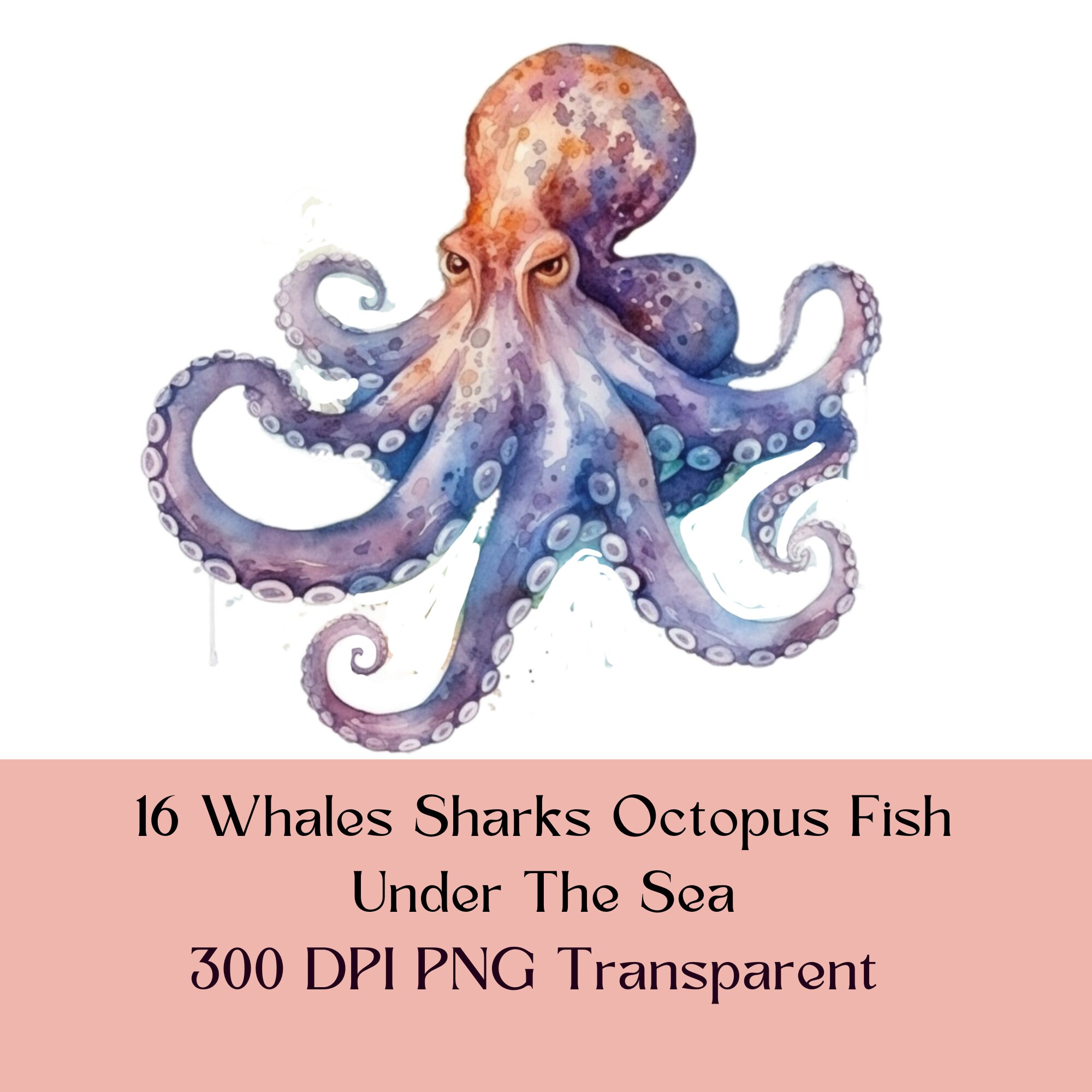 Underwater Clipart, Watercolor Shark, Whale, Fish, Octopus Clipart ...