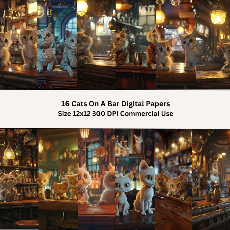 Cat Digital Paper, Cats on A Bar Png, Quirky Cat Clipart, Whimsy Cats ...