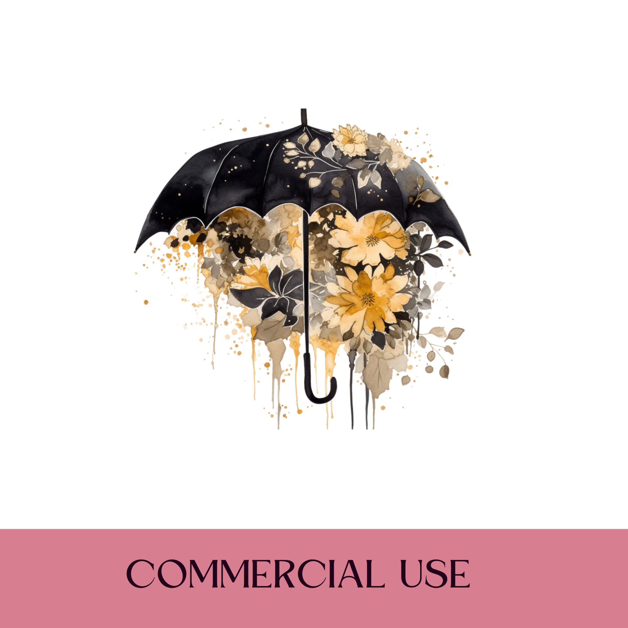 Gothic Bridal Shower Umbrella Clipart Pack, Black & Gold Floral ...