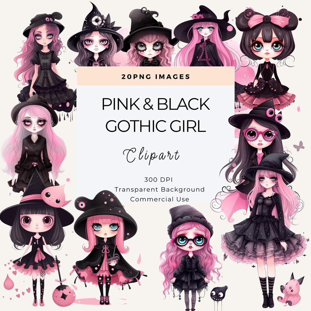 Watercolor Pink Goth Girl Clipart, Halloween Clipart, Digital Image ...