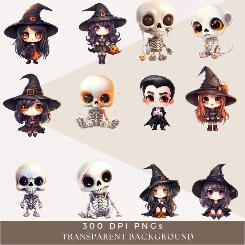 Halloween Cute Vampire Witches Skeleton Clipart, Bundle of 26 Spooky ...