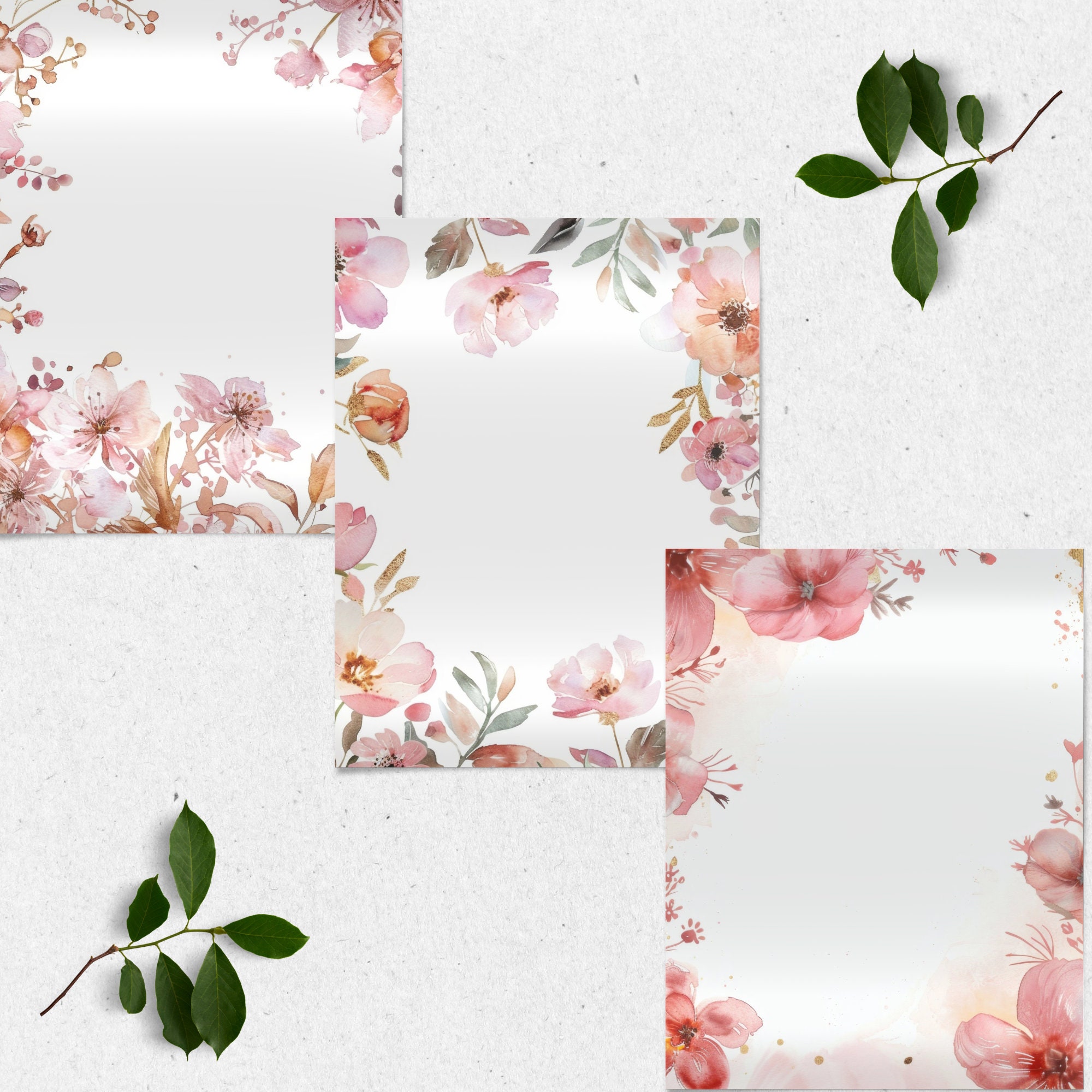 Printable Papers, Watercolor Pink Gold Floral Digital Papers ...