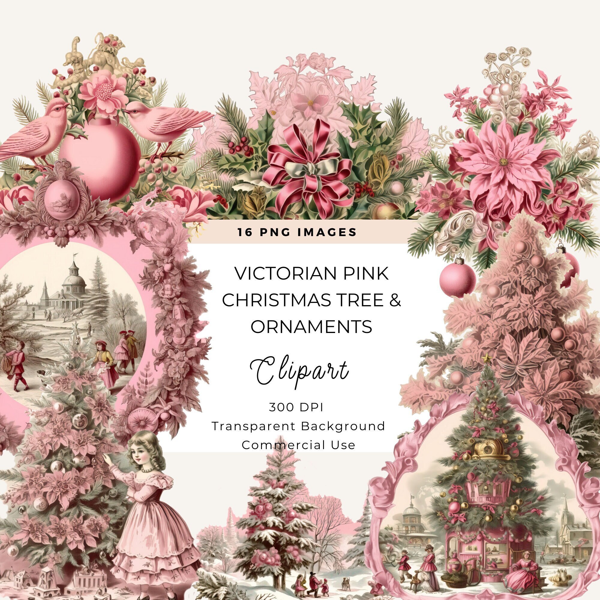 Pink Christmas Clipart, Vintage Pink Christmas PNG, Pink Winter Clipart ...