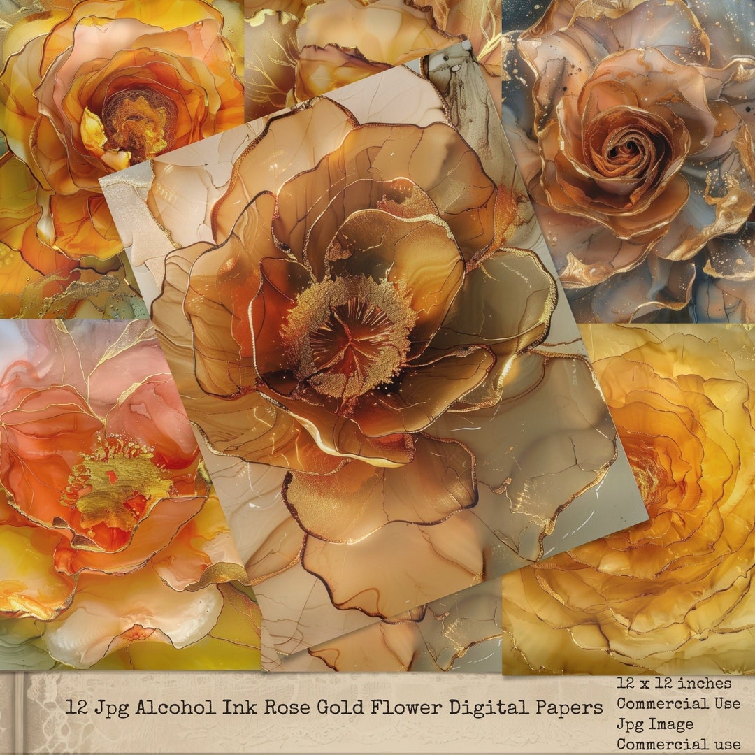 Printable Papers, Alcohol Ink Flower Digital Papers, Rose Gold Flower ...