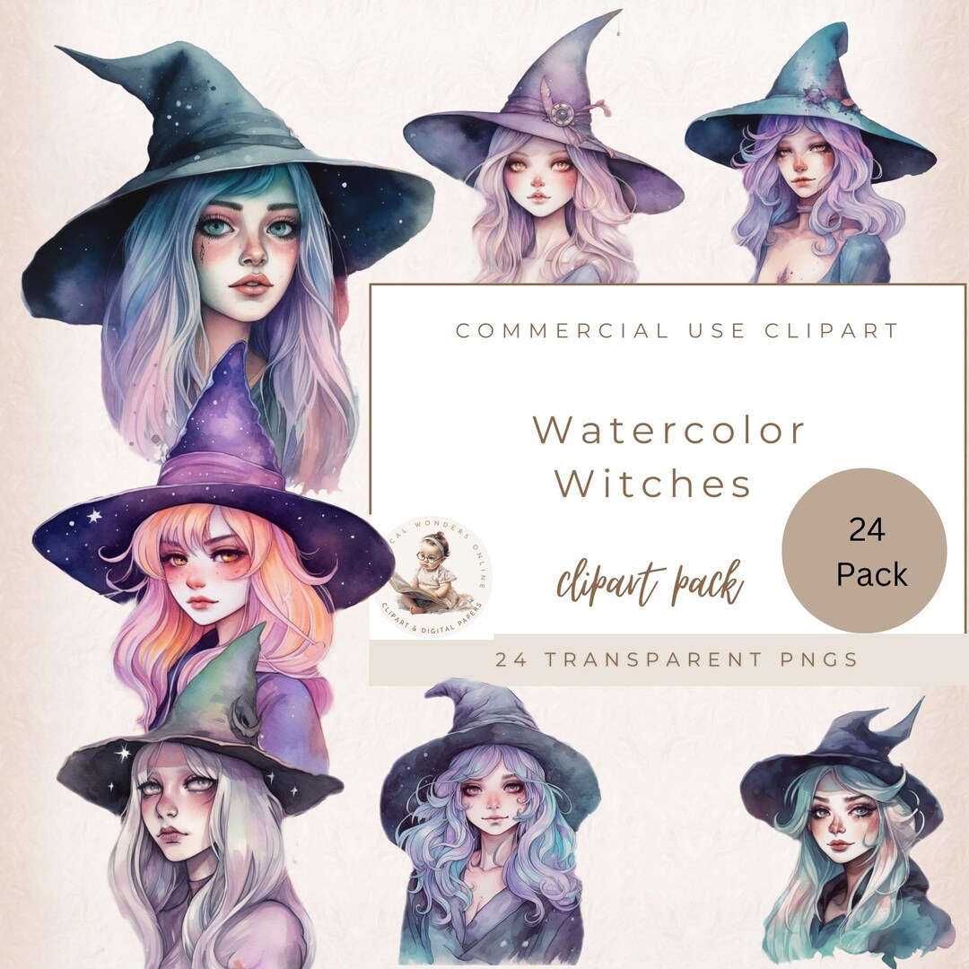 24 Witch Clipart Bundle, Watercolor Witches, Dark Fantasy Clipart ...