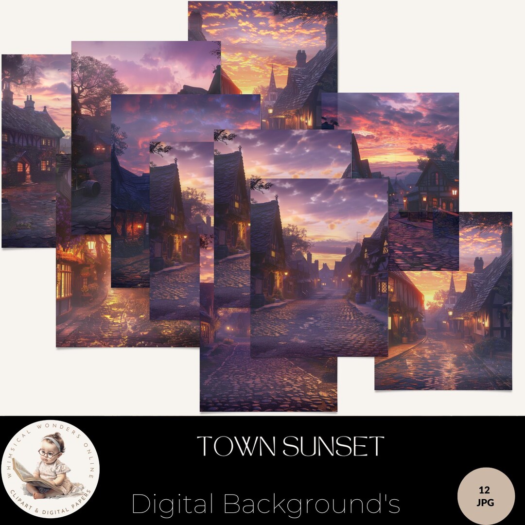 Sunset Town Digital Background Papers, Town Street Scene, Faint ...