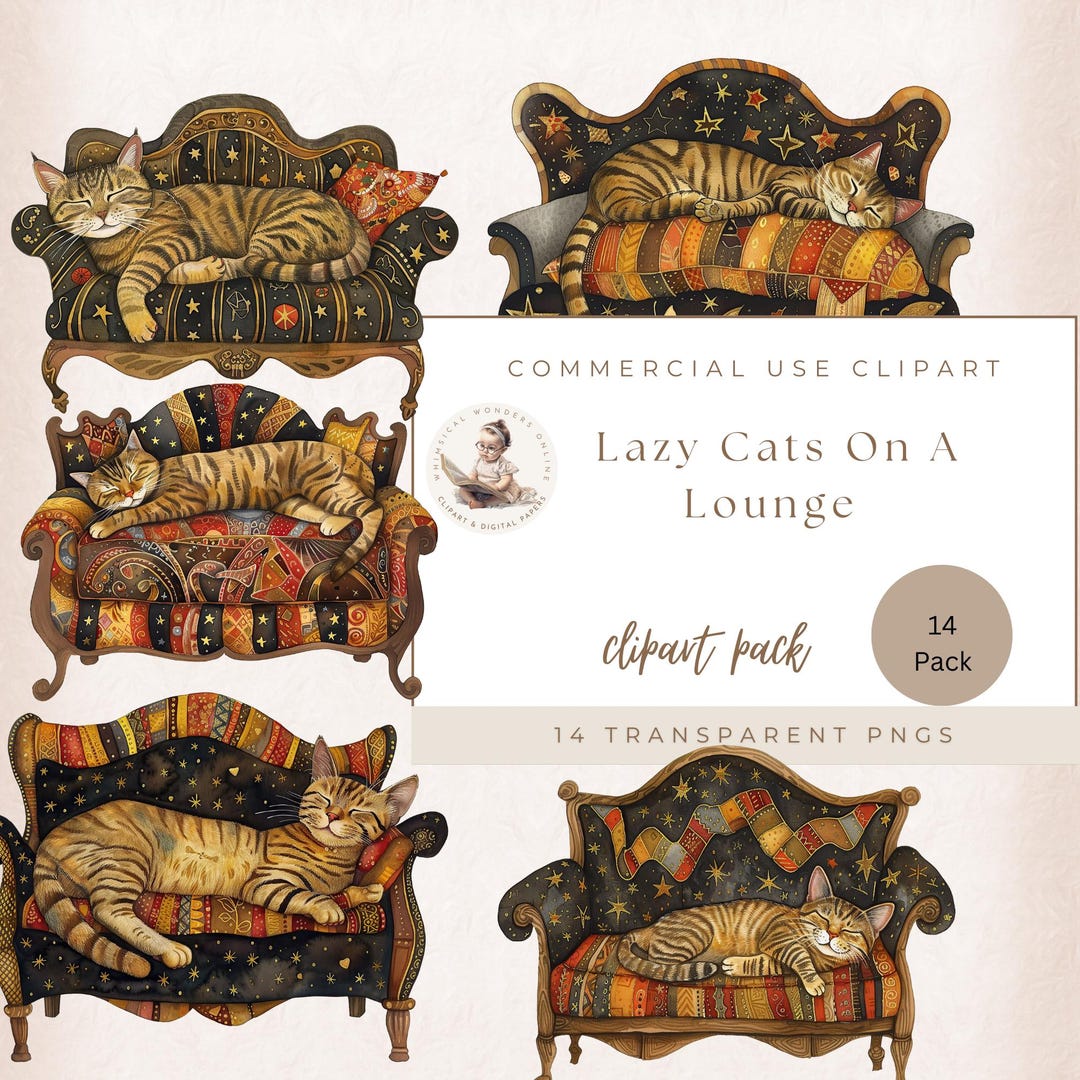 Cats on a Lounge Clipart, Lazy Cats Clipart, Funny Cats Clipart, Pets ...