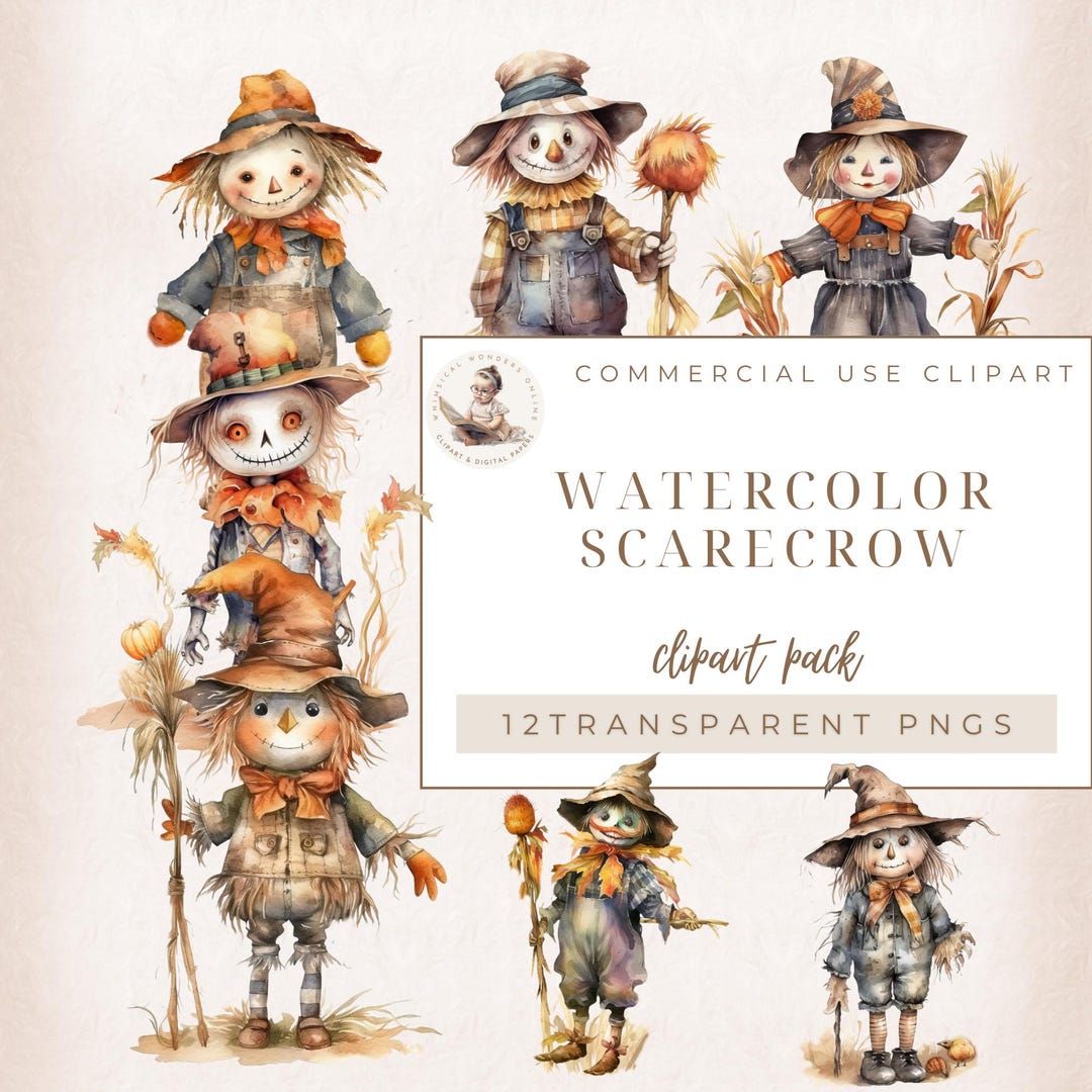 Watercolor Scarecrow Clipart. Autumn Clipart, Commercial Use, Junk ...
